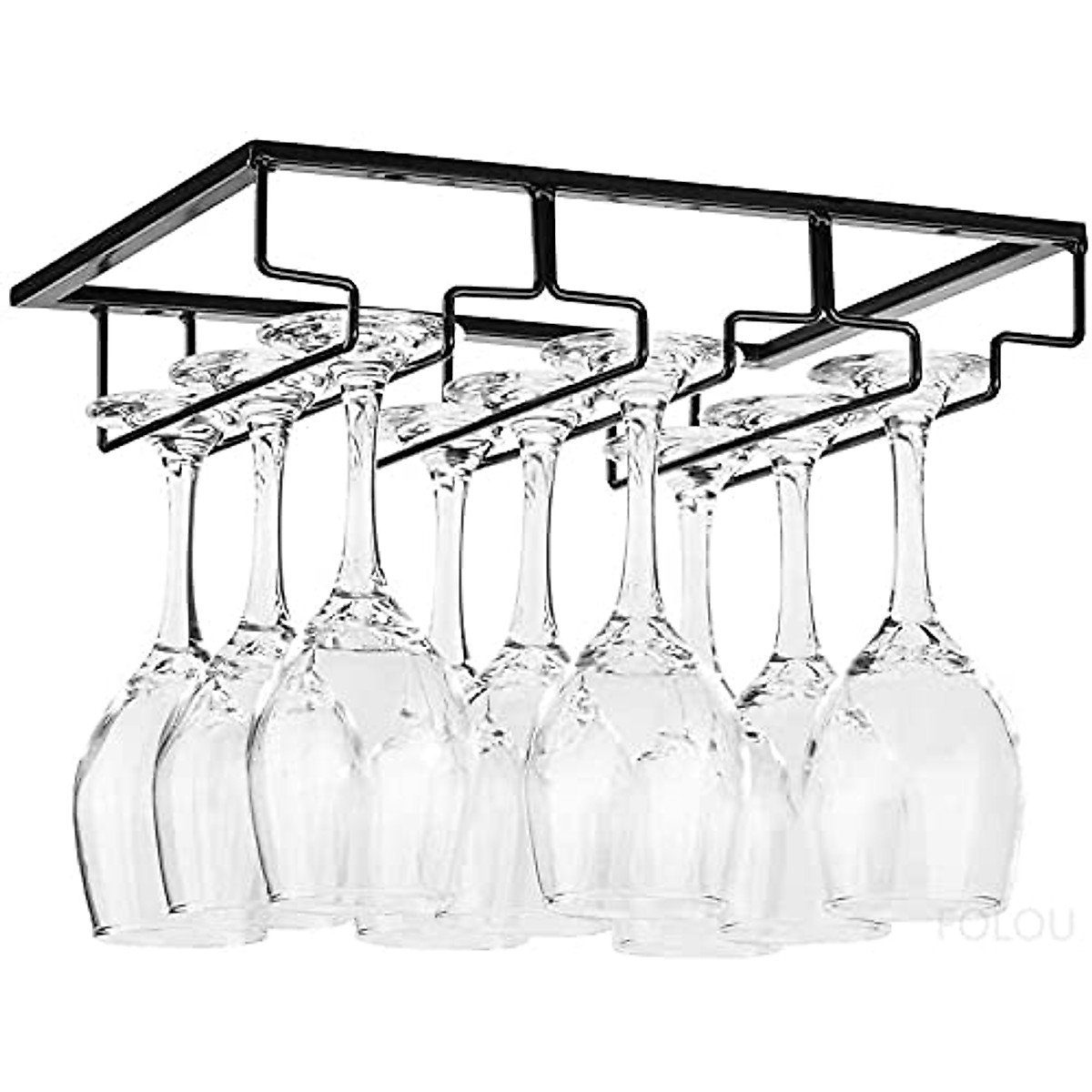 FOLOU Wine Glass Rack Under Cabinet Mount, Upside Down Stemware Holder for Wire Shelves, Glasses Storage Hanger Metal Organizer Bars, Kitchen, Restaurants, Farmhouse(3 ROWS BLACK), 11.8 x 9 x 2.7