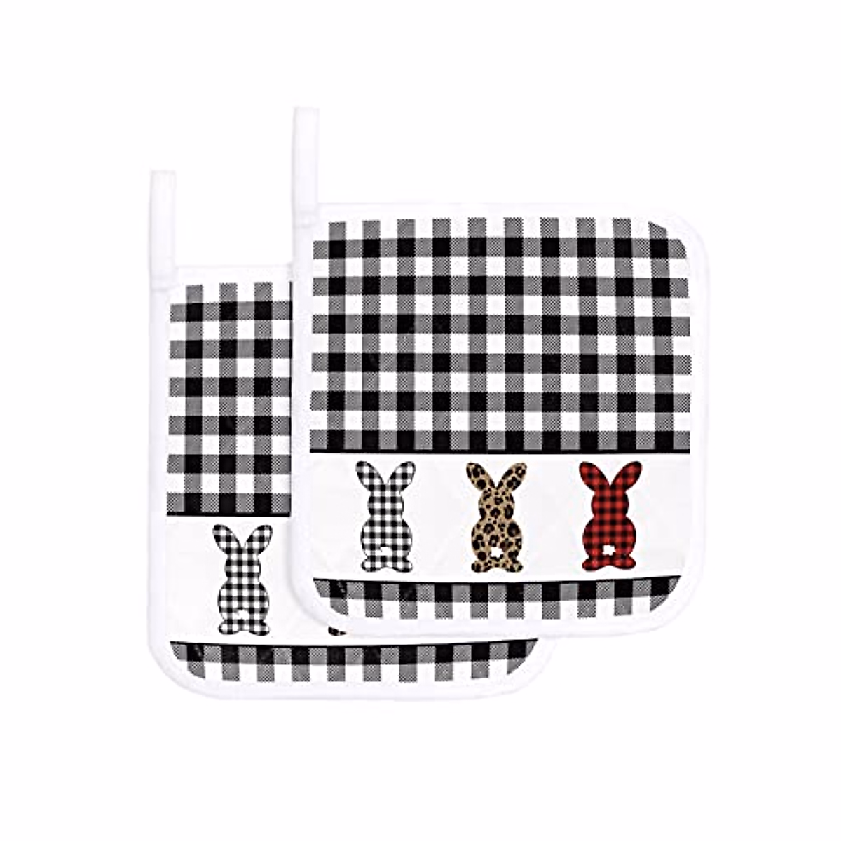 Pot Holder Set of 2 Happy Easter Bunny Black White Buffalo Grid Potholder Heat Proof Non-Slip Pot Holders,Leopard Rabbit Red Check Hot Pads Potholders for Kitchen Cooking Baking BBQ