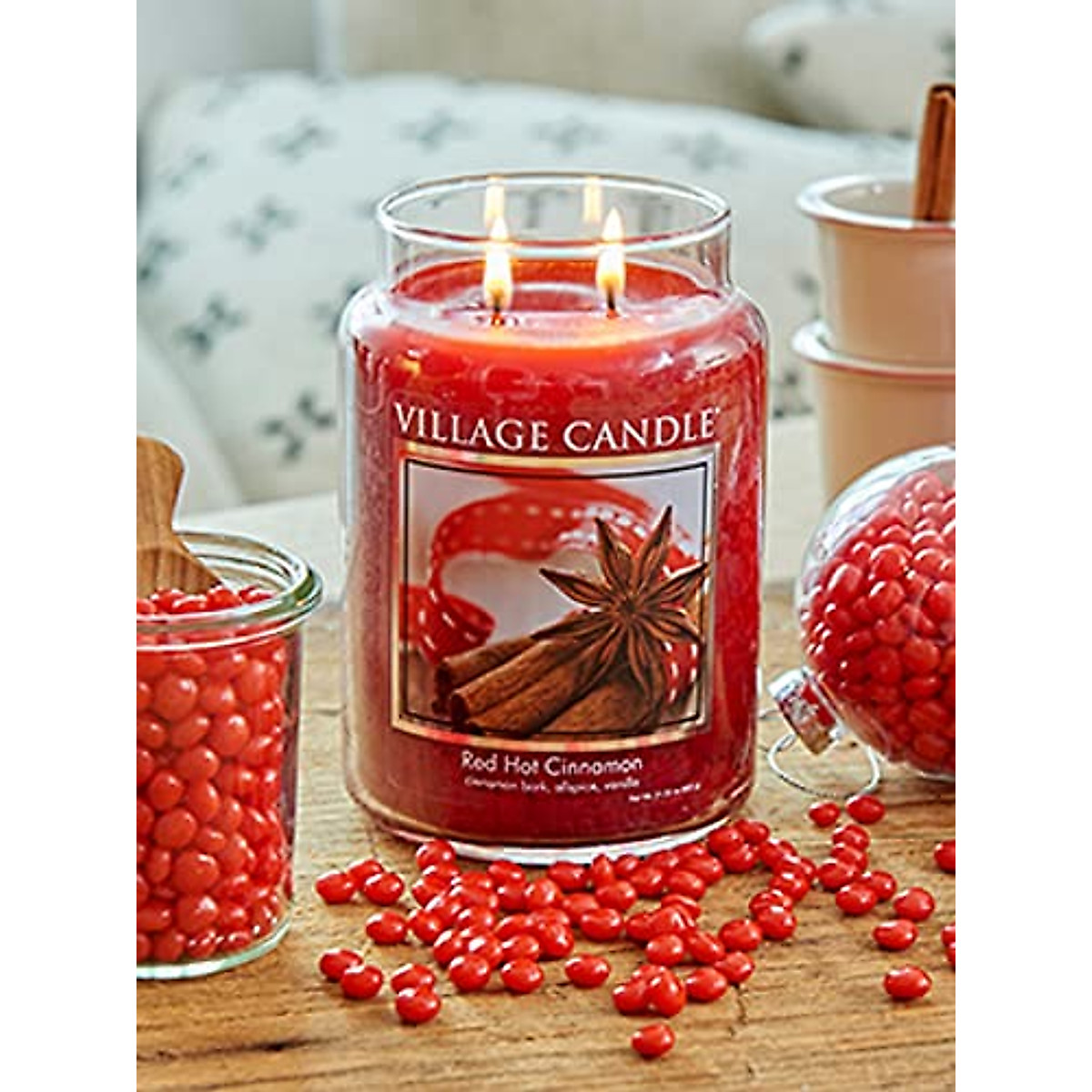Village Candle Red Hot Cinnamon Large Glass Apothecary Jar Scented Candle, 21.25 oz, 21 Ounce