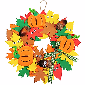 Supla 12 Kits 3D Pumpkin Fall Leaf Wreath Craft Kit DIY Thanksgiving Wreath with Maple Leaves Acorns Bows Wiggle Eyes for Kids Crafts Fall Thanksgiving Halloween Seasonal Decoration