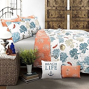 Lush Decor Full Queen-Blue and Coral Coastal Reef Quilt-Reversible 7 Piece Bedding Set with Feather Seashell Design