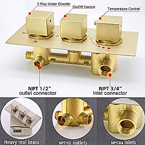 Brushed Gold Rain Shower System - 16 inch Ceiling Square Rainfall head with Handheld Spray and Full Body Massage Multi Jets Thermostatic Brass Valve Kit, Faucets Sets Complete Combo