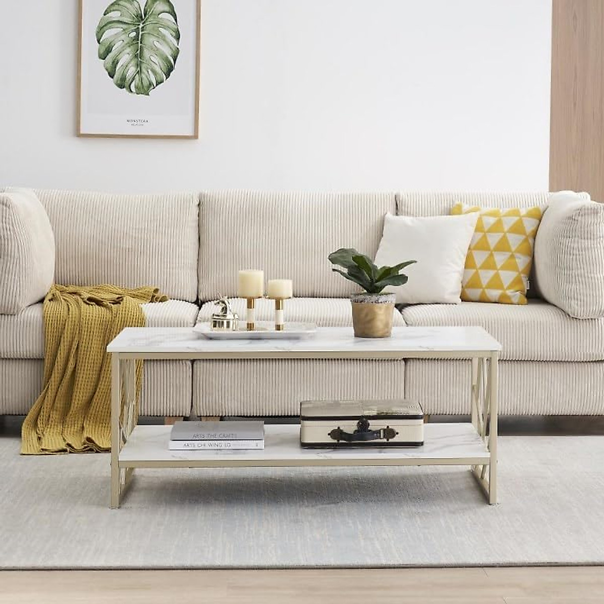 MKJLWO White Coffee Tables for Living Room, Square Marble Gold Coffee Table 2-Tier Storage Modern Center Table White Home Furniture Office Decor 43×21in