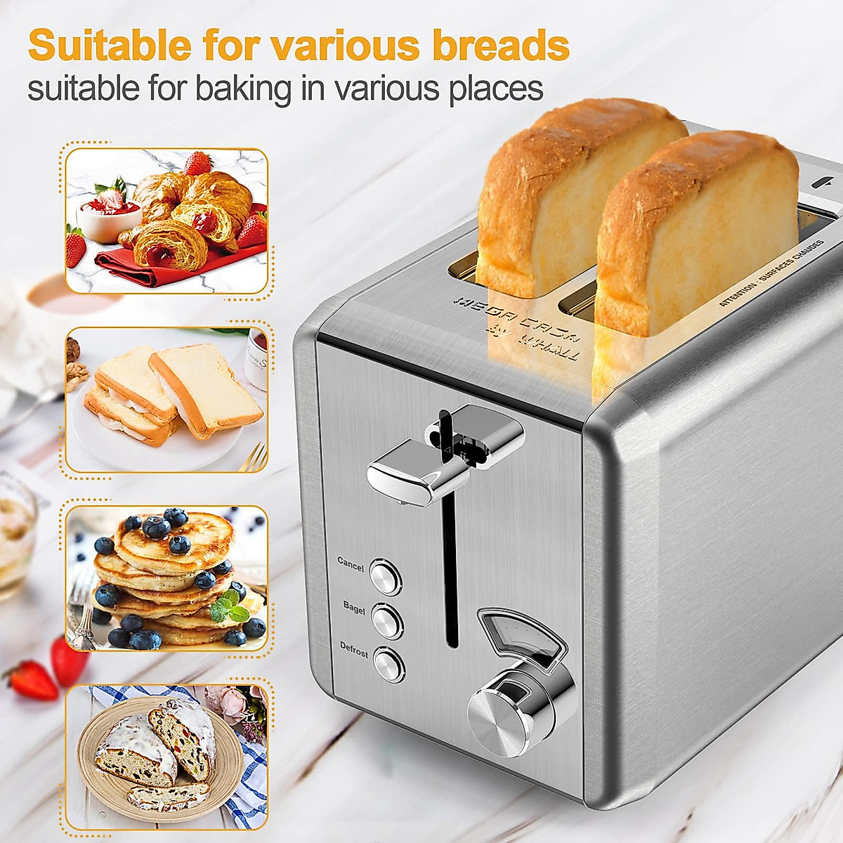 Toaster 2 slice, whall Stainless Steel Toasters with Bagel,Cancel,Defrost Function,Removable Crumb Tray,1.5in Wide Slot,6 Bread Shade Settings,for Various Bread Types (850W)