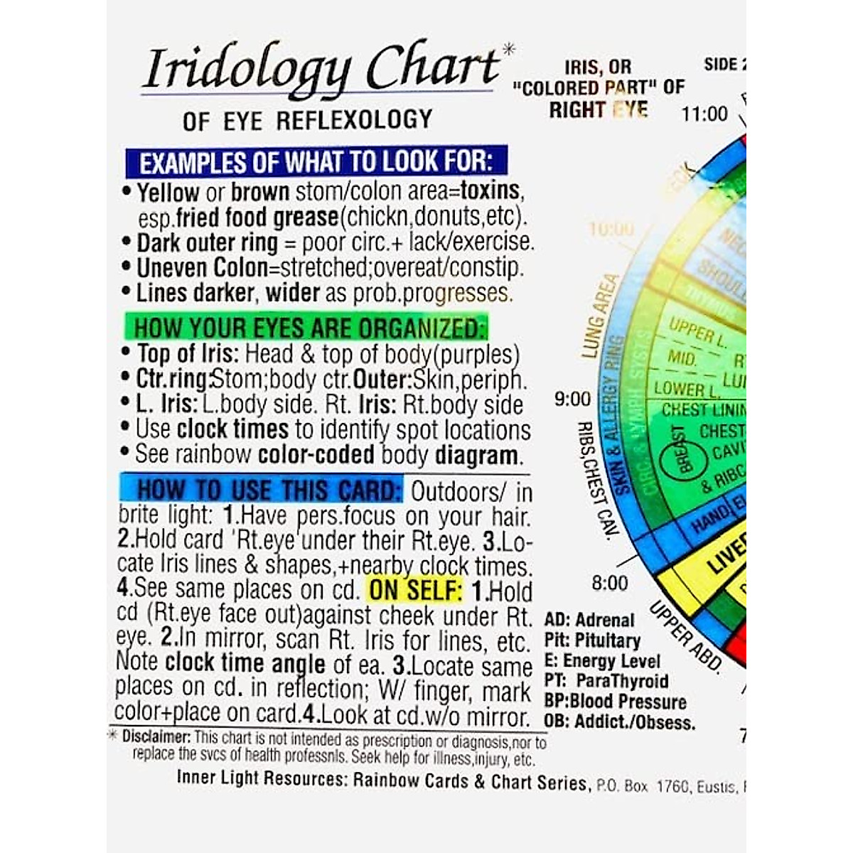IRIDOLOGY CHART of EYE Reflexology (Rainbow Coded) in the Inner Light Resources Rainbow® Cards & Charts Series. 8.5 x 11 in. (Small Poster/ Large Card)