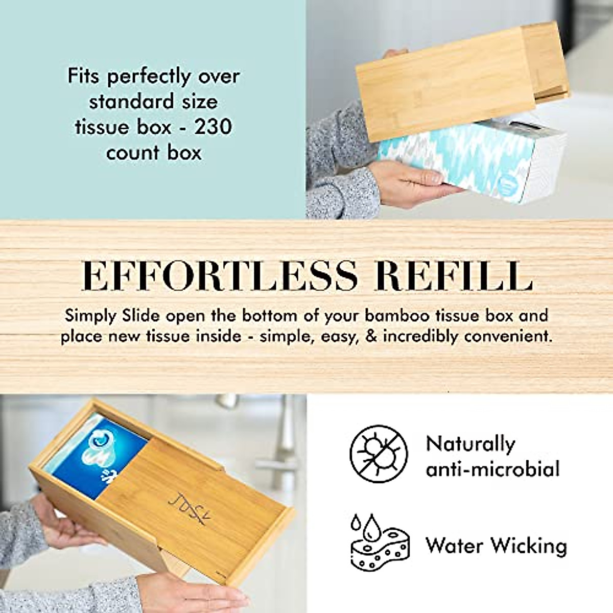 JUSK Design Tissue Box Holder, Modern, Minimalist, and Durable Wooden Tissue Box with Sliding Bottom, Easy-Refill Premium-Quality Bamboo Tissue Box Cover, Fits 184-Count Box, Rectangular