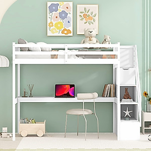 MERITLINE Twin Loft Bed with Desk and Stairs,Wooden Loft Bed Twin with Storage, Kids Loft Bed with Steps for Girls Boys Bedroom, Dorm(Twin,White)