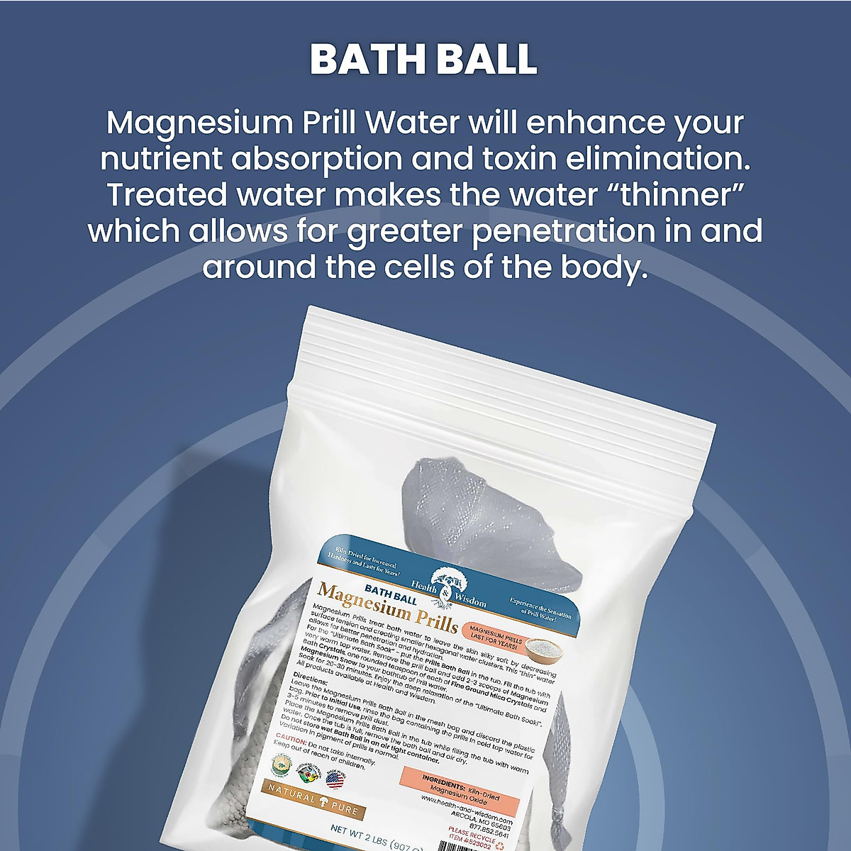 Health and Wisdom Magnesium Prills Bath Ball - Structured Water Devices, Magnesium Laundry Beads, Deionized Water, Mineral Magnesium Soak - 32 oz