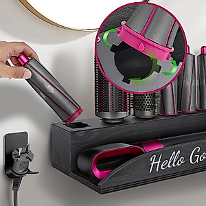 MISTOD Storage Holder for Airwrap Curling Iron Wall Mounted, Rustic Hair Dryer Stand Rack Bracket Wood Hair Wrap Styler Tools Attachments Holder for Bathroom Home Organizer - Black