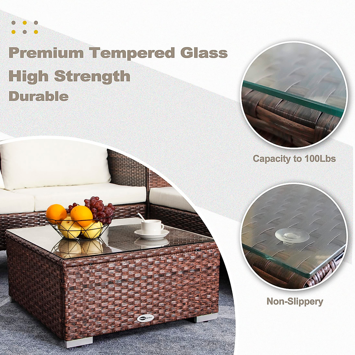 Outdoor Coffee Table for Patio Table Wicker Patio Coffee Table Lawn Garden Rattan Small Coffee Table with Glass Top All-Weather, 25.2in Mixed Brown