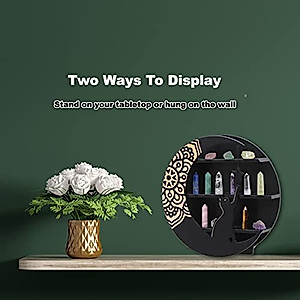 Natural Wood Round Wall Shelf With Star Moon And Cute Cat,Unique Decorative Floating Shelf For Crystals, Stones. Easy Install For Bedroom, Living Room And Kids Room. 12 x 12 x 3.5 in (Matte Black)