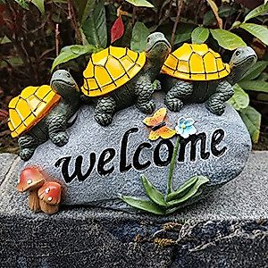 shumi Turtle Statue Outdoor Solar Light, Welcome Turtles on a Rock with 3 LED Lights, Solar Garden Sculpture & Statue, Resin Solar Powered Turtle Decor for Lawn Yard Garden Pond
