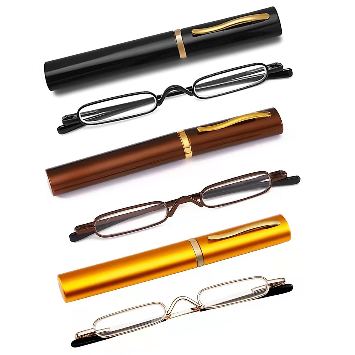 OWTXIS 3 Pack Mini Slim Pen Reading Glasses - Compact Readers with Pen Clip Case Spring Hinge Metal Frame Eyeglasses (Black, Brown, Gold, 1.75)