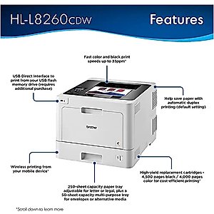 Brother Color HL-L8260CDW Single-Function Wireless Laser Printer, White - Print Only - 33 ppm, 600 x 2400 dpi, 8.5 x 14 Print Size, Auto 2-Sided Printing, Ethernet