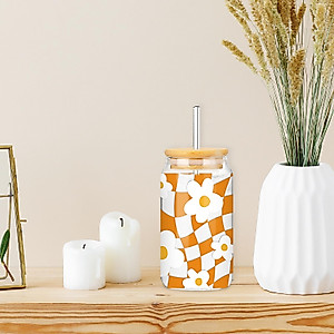 Whaline 2 Pack Retro Floral Checkers Iced Coffee Cup Orange Boho Drinking Glasses Retro Flower Beer Can Glass with Lid Straw Cleaning Brush for Home Office Gifts,16oz