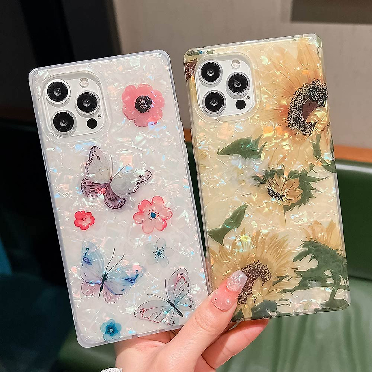 KERZZIL Square Edge Compatible with iPhone 13 Pro Max Mother-of-Pearl Case,Chic Slim Sunflower Pattern Soft TPU Silicone Rubber Gel Protective Bumper Cases Cover(Green)