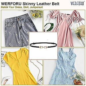 WERFORU Women Skinny Belt for Dress,Thin Waist Belt - Adjustable Leather Belt with Gold Buckle, Black, Fit Waist Size below 37 Inches