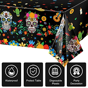 3 Pieces Day of The Dead Plastic Tablecloth Dia De Los Muertos Sugar Skull Floral Table Cloth Disposable Rectangle Table Cover for Halloween Mexican Fiesta Birthday Coco Party Supplies, 54 x 108 Inch