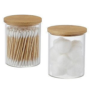 INIUNIK 3 Pack Glass Qtip Holder Bathroom Set, Clear Apothecary Jars with Lids, Cotton Ball Swab Round Holder Bathroom Essential Canisters Accessories for Organization and Storage