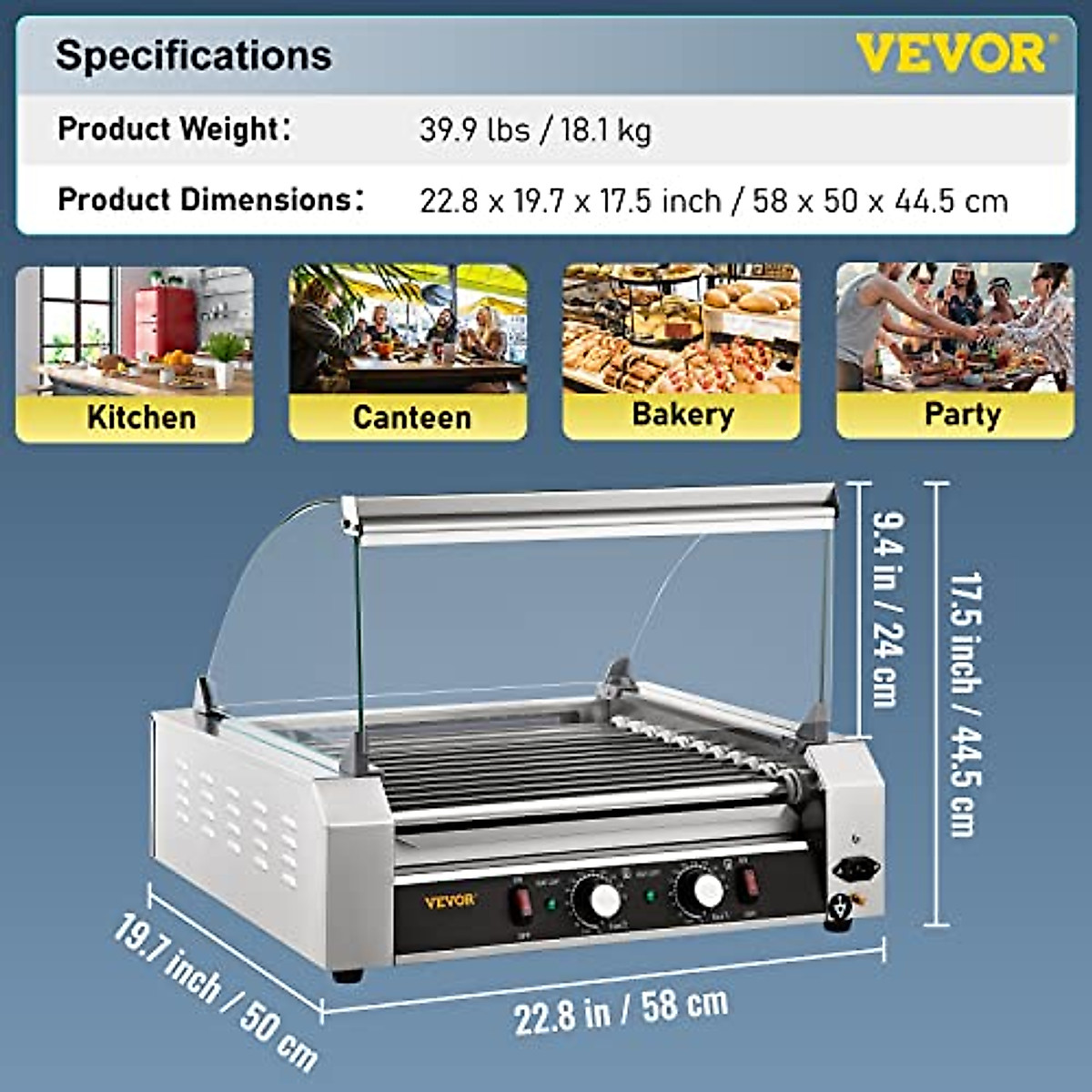VEVOR Hot Dog Roller, 30 Hot Dog Capacity 11 Rollers, 1800W Stainless Steel Cook Warmer Machine w/Cover & Dual Temp Control, LED Light & Detachable Drip Tray, Sausage Grill Cooker for Kitchen Canteen