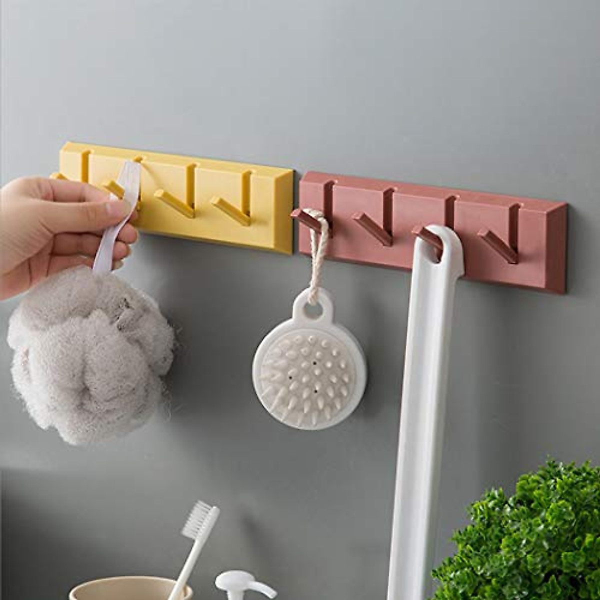 Hoshen 2PCS Non-Punch Hook Bathroom, Towel Rack, Household Wall-Mounted Coat Rack, Plastic Straight Hook - Crimson