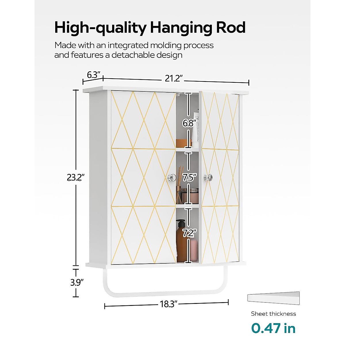 Bathroom Wall Cabinet Storage Cabinet Above Toilet, Bathroom Cabinet with Gold Decoration, Adjustable Shelves, Medicine Cabinet, and Space Saving Medicine Cabinet in The Living Room Cabinet White