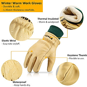 FEISHDEK Waterproof Work Gloves for Men, Winter Insulated Leather Work Gloves, Cowhide Leather Gloves Working in Cold Weather