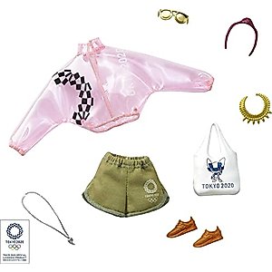 Barbie Storytelling Fashion Pack of Doll Clothes Inspired by The Olympic Games Tokyo 2020: Pink Transparent Jacket, Shorts and 6 Accessories Dolls, Gift for 3 to 8 Year Olds