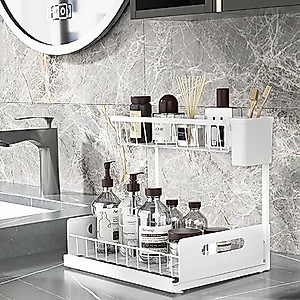 SPACEKEEPER Under Sink Organizer, 2-Tier Sliding Under Bathroom Sink Storage Pull Out Cabinet Organizer Metal Material Multi-purpose for Kitchen Bathroom, White, 2 Pack