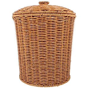 VICASKY Storage Basket with Lid Dirty Clothes Wicker Waste Basket Bedroom Storage Basket Containers with Lids Wicker Trash Can Rattan Waste Basket Woven Garbage Basket Seaweed Bracket Pp