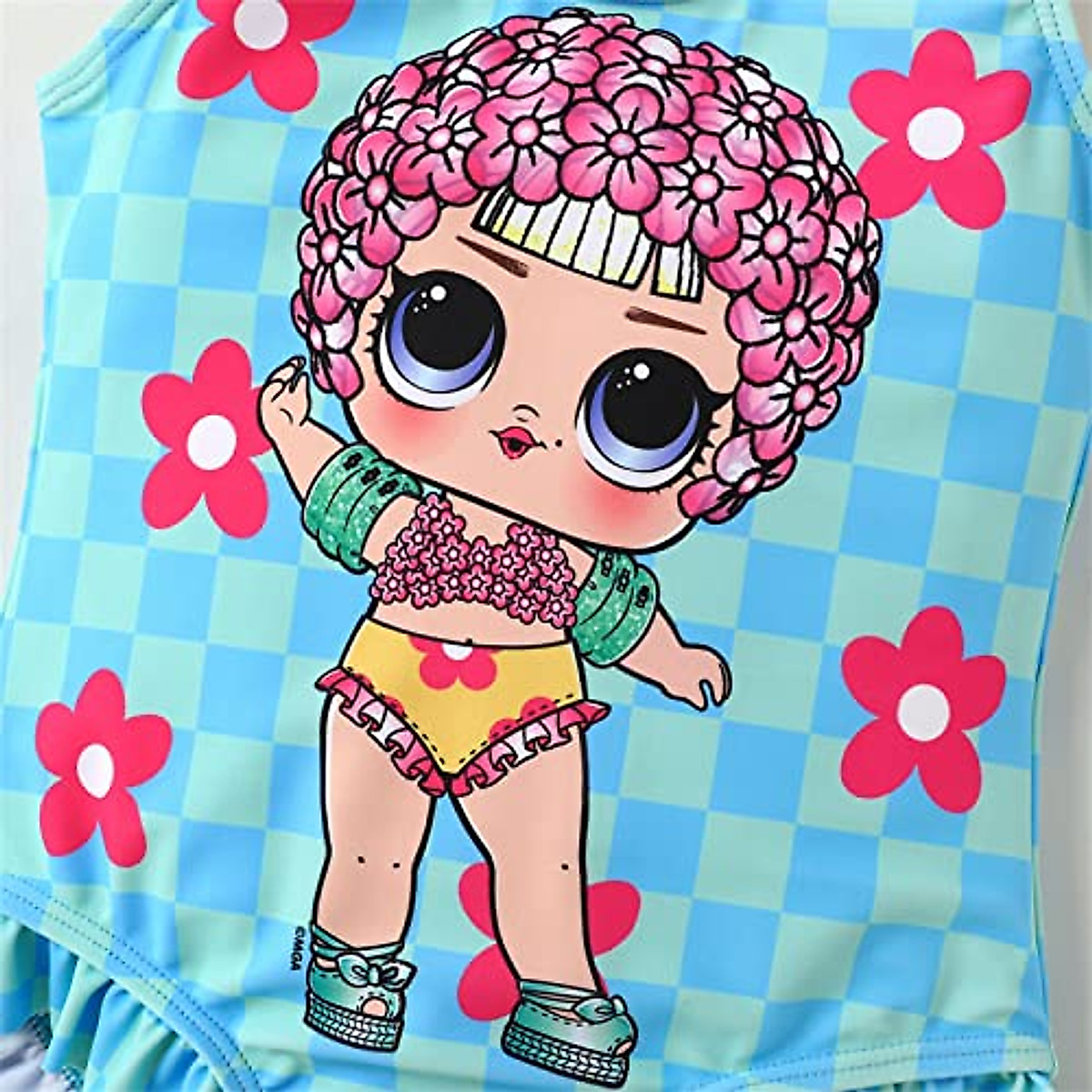 L.O.L.Surprise! Kid Girl Character Doll Sleeveless Ruffle Swimwear Bow Straps Floral One-Piece Swimsuit with Swim Hat Light Blue 9-10Years