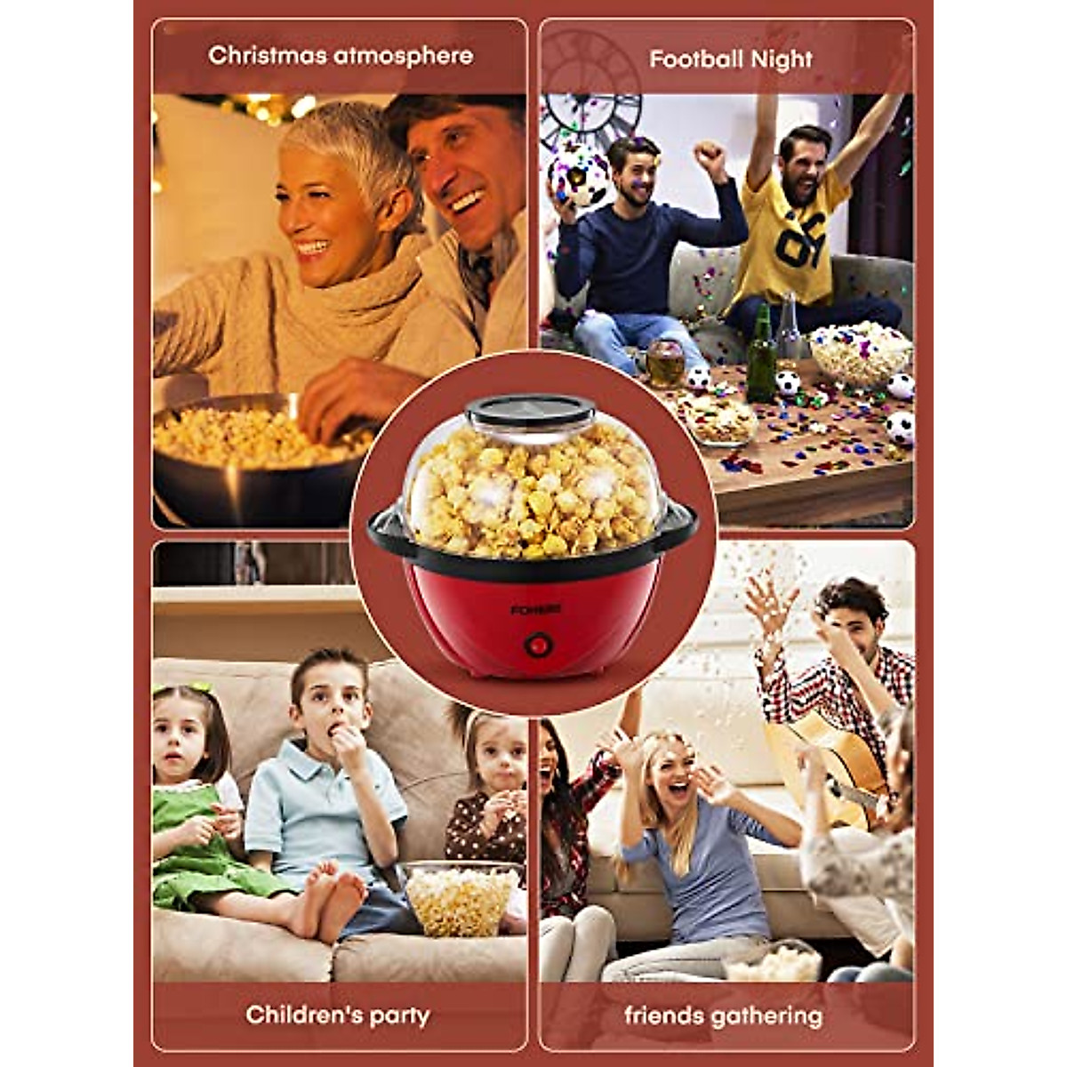 Popcorn Machine, 2-in-1 Automatic Stirring Hot Oil Popcorn Popper Maker & Grill Machine, Large Lid for Serving Bowl, 2 Measuring Spoons, Cleaning Brush, for Movie Night Kids Party Healthy Snacks