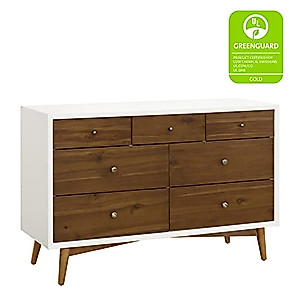 babyletto Palma 7-Drawer Assembled Double Dresser in White and Natural Walnut, Greenguard Gold Certified
