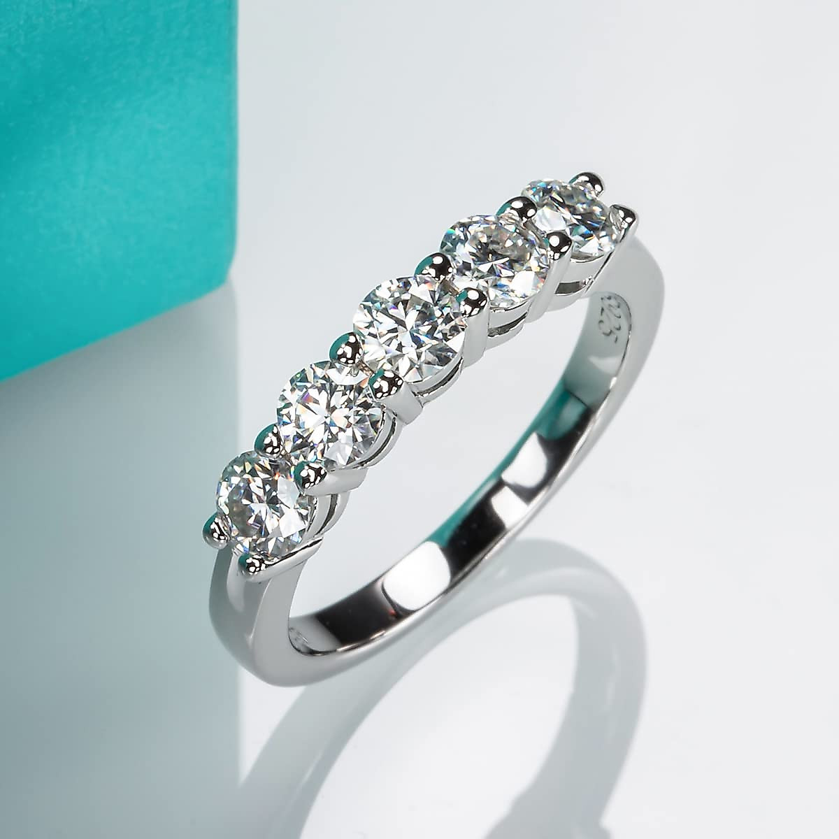 AnuClub 5 Stone Moissanite Ring 1.5cttw D Color Lab Diamond Gold Plated Silver Half Eternity Anniversary Wedding Band Ring With Certificate