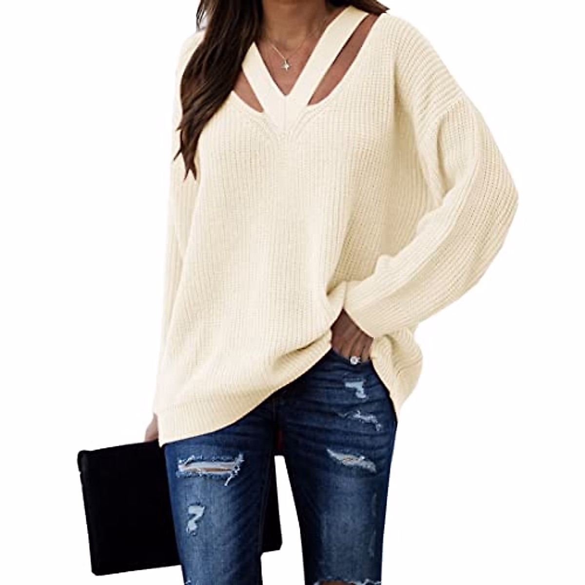 Cicy Bell Women's V Neck Sweaters Hollow Out Long Sleeve Casual Knit Pullover Jumper Tops White