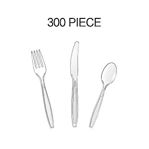 Cutlery Set Plastic Utensils Clear Forks Spoons Knives Disposable Silverware Heavyweight [300 Combo Box]