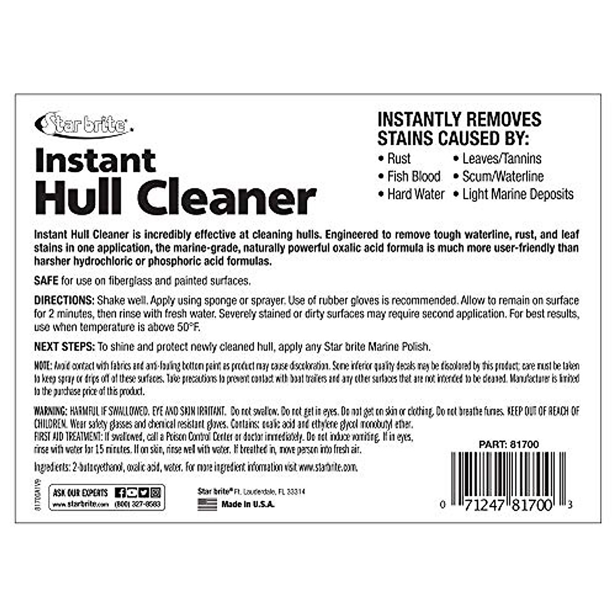 STAR BRITE Instant Hull Cleaner - Easily Remove Stains, Scum Lines & Grime for Boat Hulls, Fiberglass, Plastic & Painted Surfaces - Wipe On, Rinse Off Formula - 128 Ounce Gallon (081700)