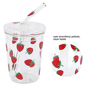 Ichiias Glass Cup Heat-Resisting Clear Strawberry Pattern Coffee Juice Drinking Water Mug with Straw Lid