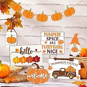 Yalikop Fall Tiered Tray Decor Set Thanksgiving Pumpkin Maple Leaves Gnome Wood Sign Hello Fall Rustic Farmhouse Wood Bead Decorative Tabletop Signs for Autumn Thanksgiving Day Table Holiday