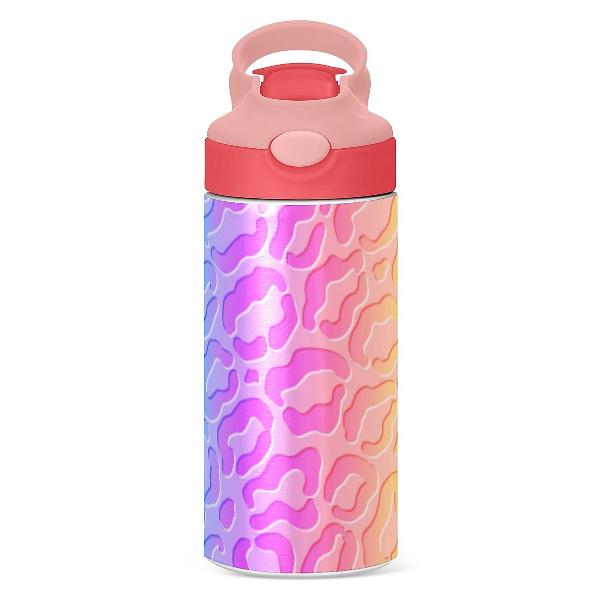 Children Insulated Water Bottles with Straw for School Kids Rainbow Leopard Print Cheetah Animal Stainless Steel Vacuum Double Wall Keeps Hot and Cold with Handles