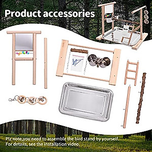 Bird Playground Parrot Play Stand, Bird Play Pen Gym for Parakeets Cockatiels Conures Budgies, Natural Wood Bird Playstand with Perches Feeder Cups Tray Swing Ladder Bells Mirror Toys