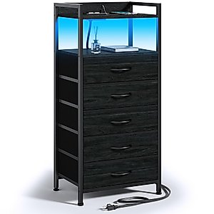Furnulem Night Stand with Charging Station, Tall Black Dresser for Bedroom, Nightstand with Led Light, Bed Side Table for Living Room, Fabric Storage Drawer, Metal Frame, Wood Furniture