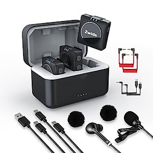 Zwide Professional Wireless Lavalier Microphone System M1 Plus(Black)+C1 (2TX+1RX+Charging Case), with 2.4GHz Real Time Monitoring, Compact Dual Transmitter & 1 Receiver with Noise Cancellation