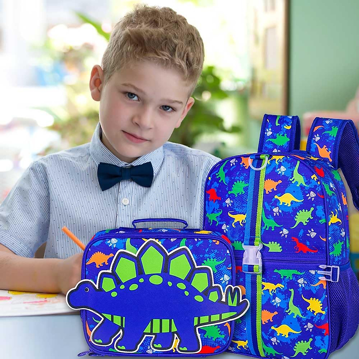 3PCS Dinosaur Backpack, 16" Boys Bookbag and Lunch Box for Kids, Preschool Backpacks for Elementary Students