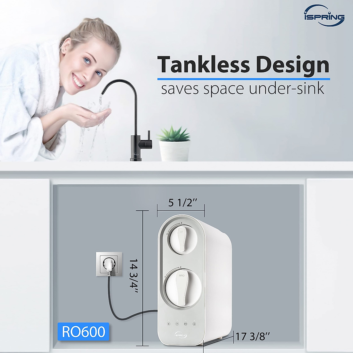 iSpring RO600ORB Tankless Reverse Osmosis System Under Sink, 600 GPD Fast Flow RO System, 2.5:1 Pure to Drain Ratio RO Water Filter System, Oil Rubbed Black Faucet, White