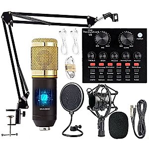 Podcast Equipment Bundle, BM-800 Mic Kit with Live Sound Card, Adjustable Mic Suspension Scissor Arm, Metal Shock Mount and Double-Layer Pop Filter for Studio Recording & Broadcasting (CF100-Gold)
