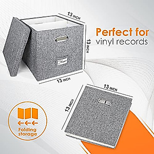 Woodoulogy Vinyl Record Storage Box for 50+ Single LPs, Stackable Albums Linen Crate with Lid, Collapsible Play Music Collection Holder, Document File Folder Cabinet Organizer Case with Handle