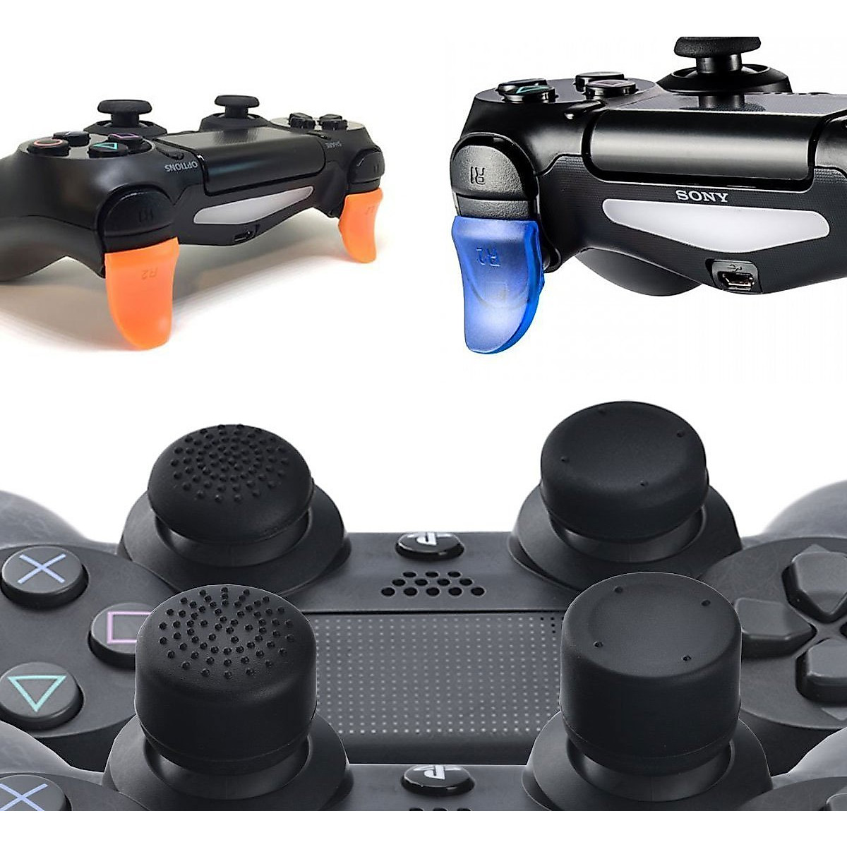 L2 R2 Trigger Extender + Silicone Analog Thumb Stick Cap Cover Grip Thumbsticks Joystick for Sony PS4 Dualshock 4 PS4 Pro Slim Controller (Black)