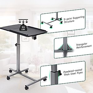 COSTWAY Rolling Laptop Stand, Mobile Laptop Tray and Cart with 45 °Degree Swivel Tilting Tabletop, Height Adjustable Mobile Podium from 24.5'' to 36'', Overbed Computer Workstation Table for Sofa, Bed