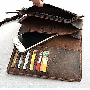 RS Mens Wallet with Chain Leather Long Bifold Trucker Wallet Vintage Biker Money Clip with Zipper,Dark Brown